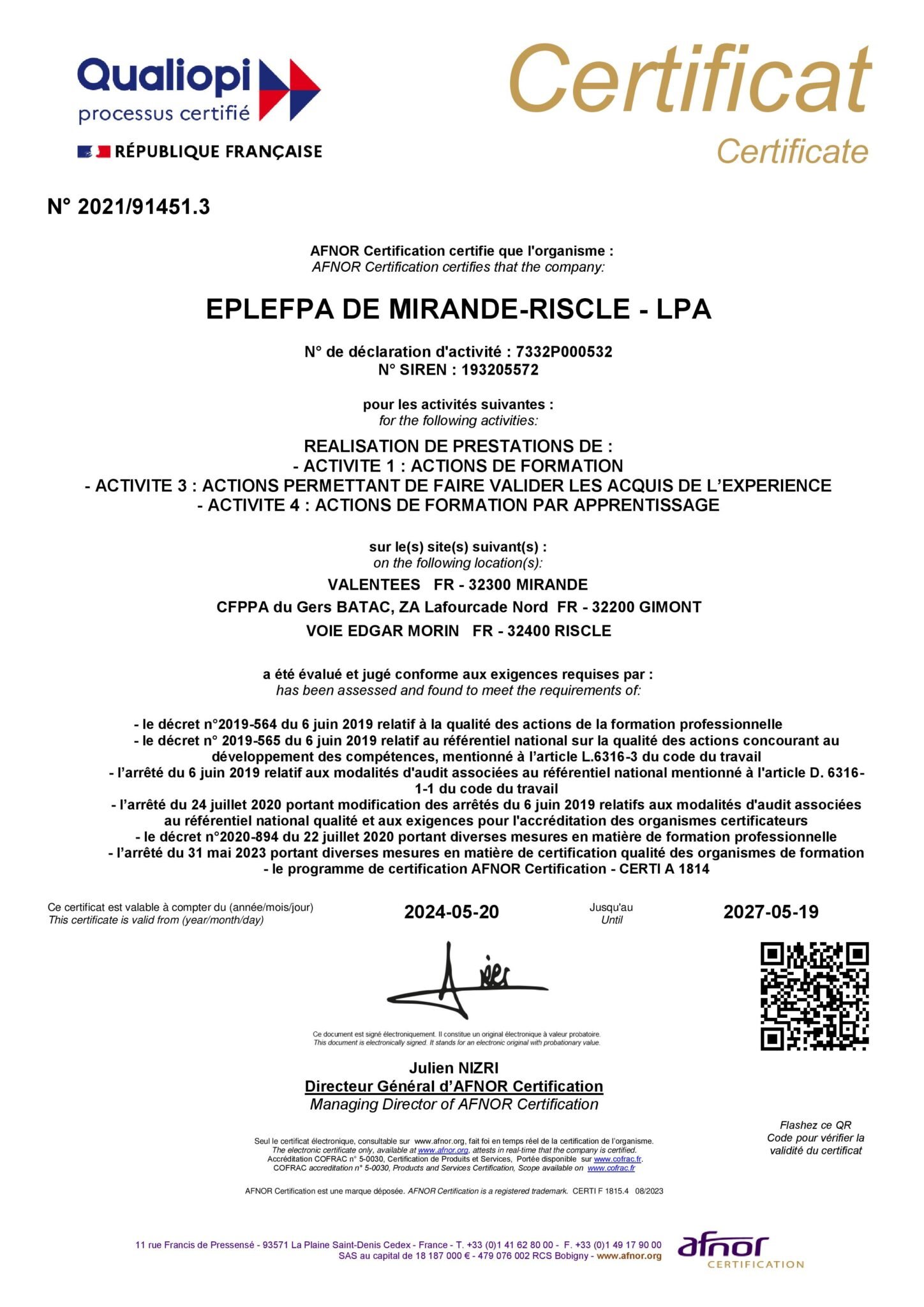 Certification Qualiopi - cfppadugers